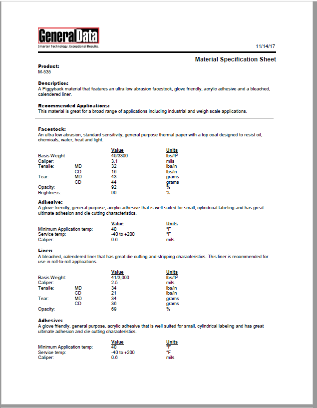 M-535 Material Specification Sheet | General Data