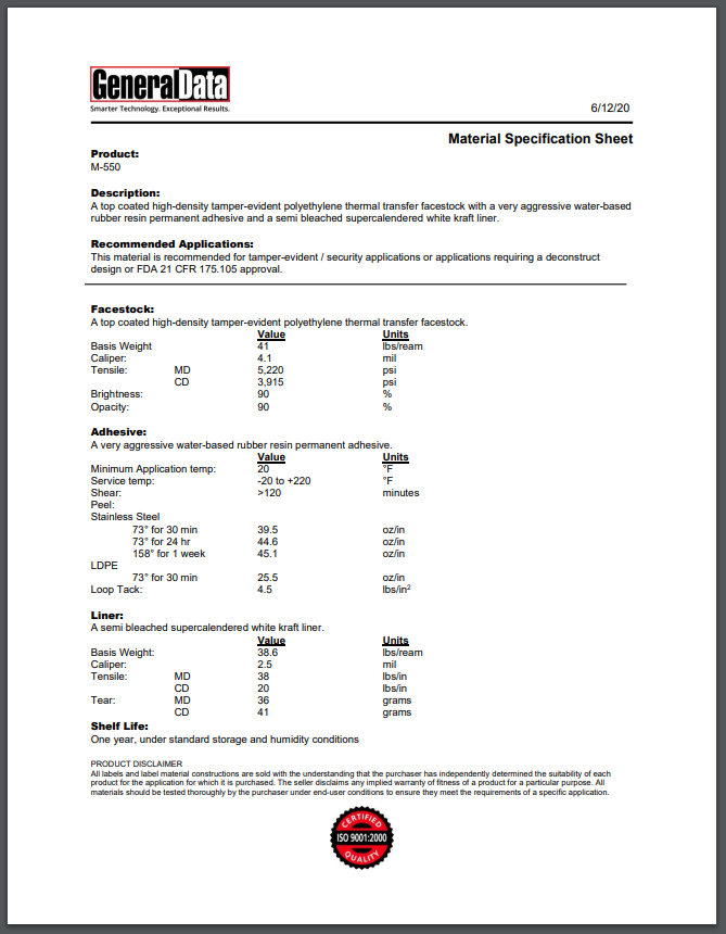 M-550 Specification Sheet | General Data