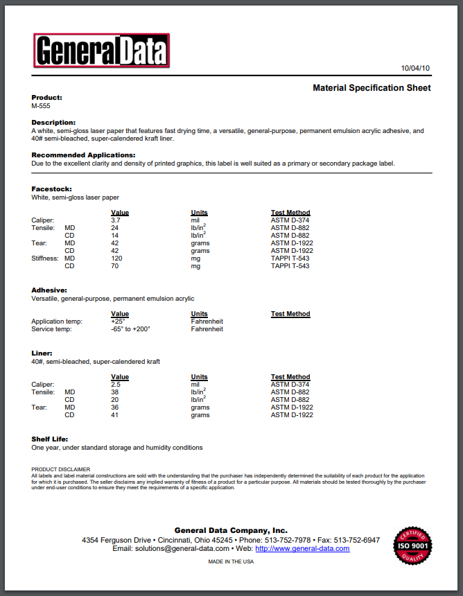 M-555 Specification Sheet | General Data