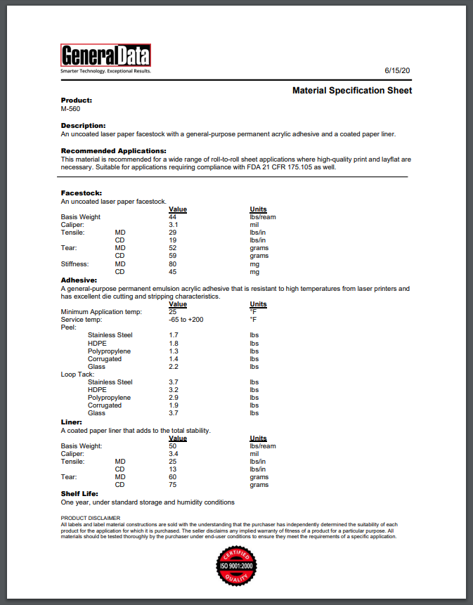 M-560 Specification Sheet | General Data