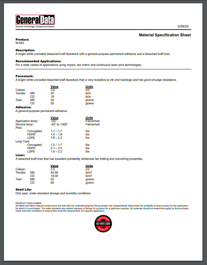 M-583 Specification Sheet | General Data