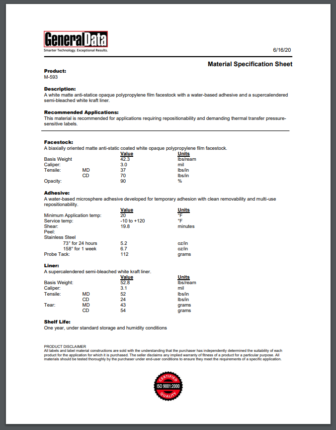 M-593 Specification Sheet | General Data