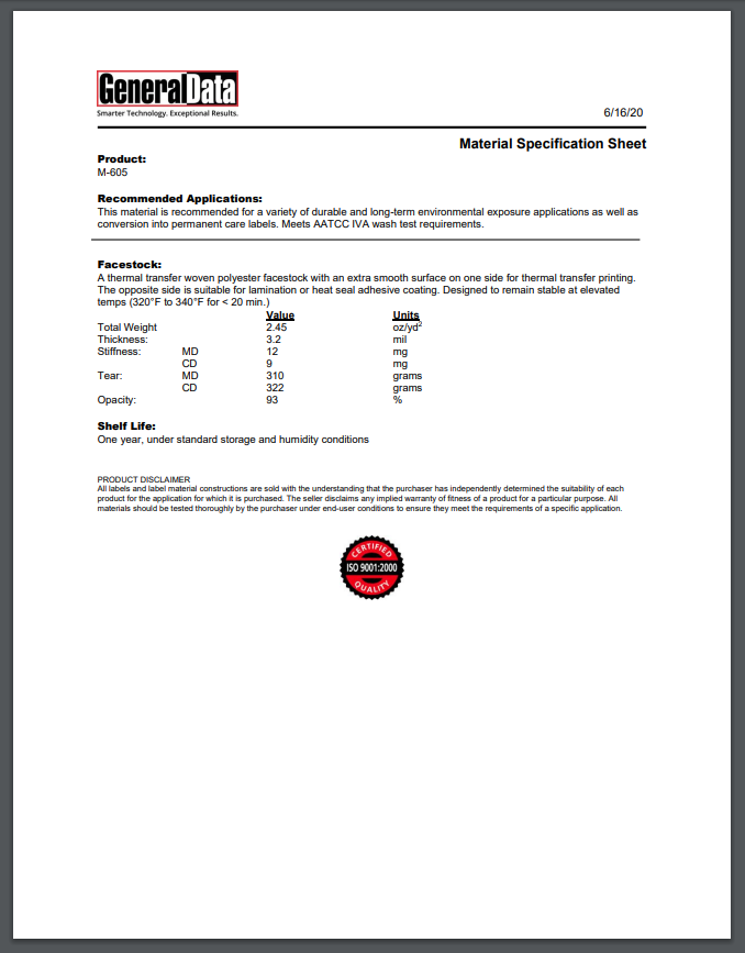 M-605 Specification Sheet | General Data