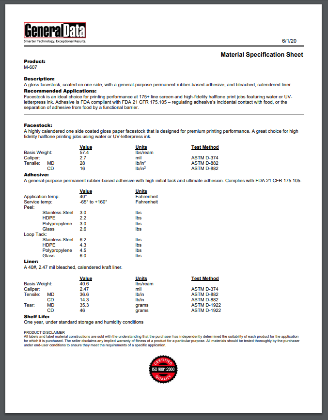 M-607 Material Spec Sheet | General Data