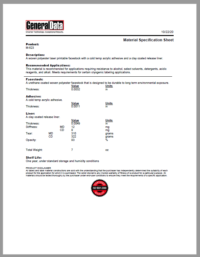 M-623 Material Specification Sheet | General Data