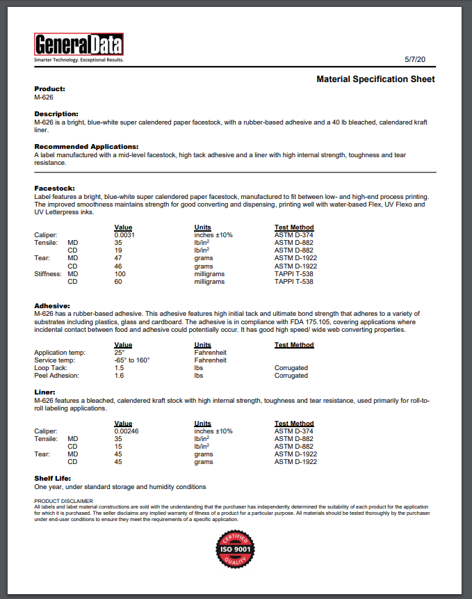 M-626 Material Spec Sheet | General Data