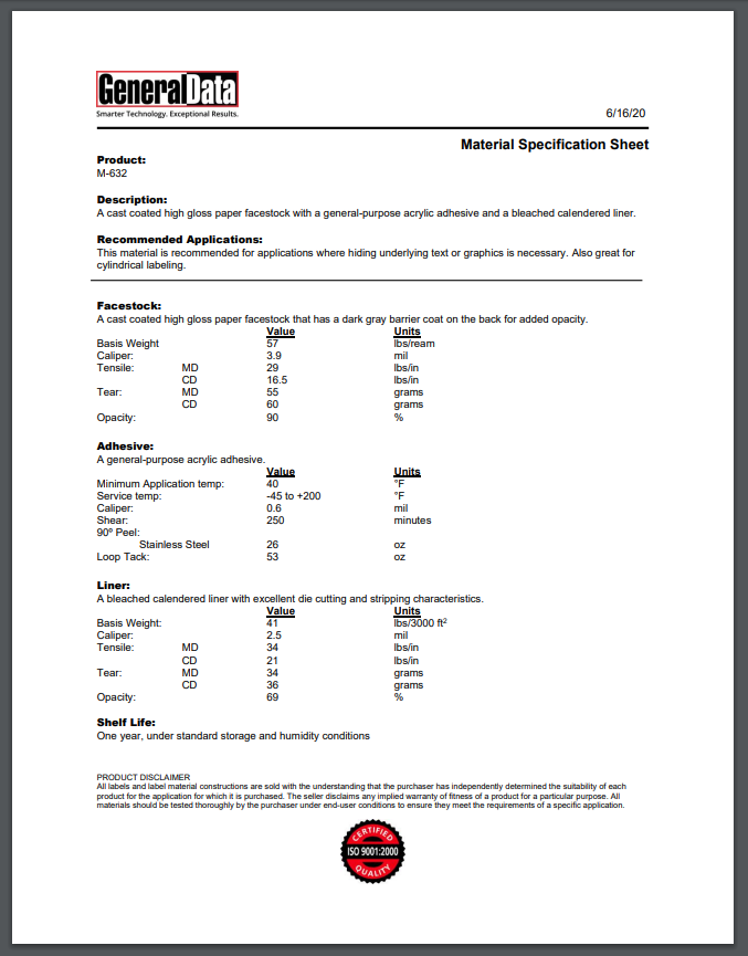 M-632 Specification Sheet | General Data
