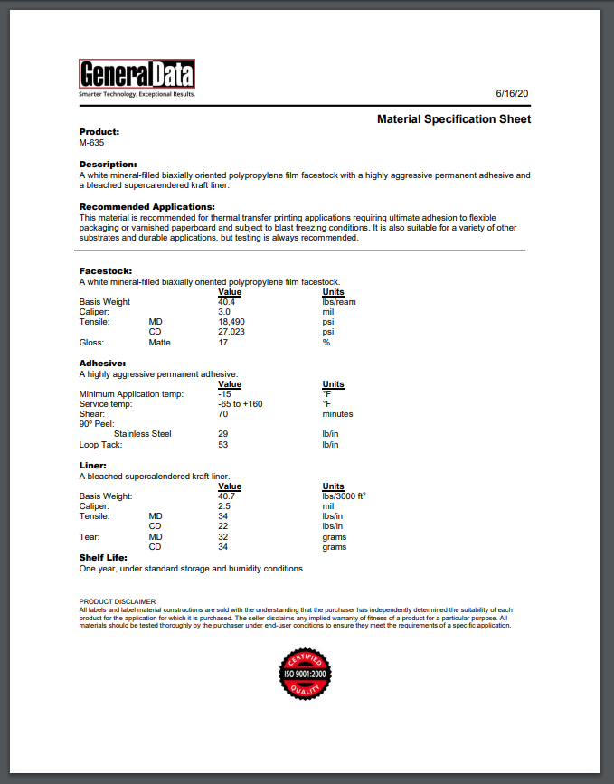 M-635 Specification Sheet | General Data