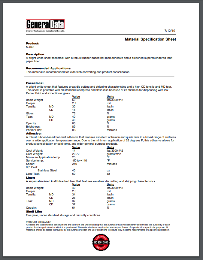 M-645 Specification Sheet | General Data