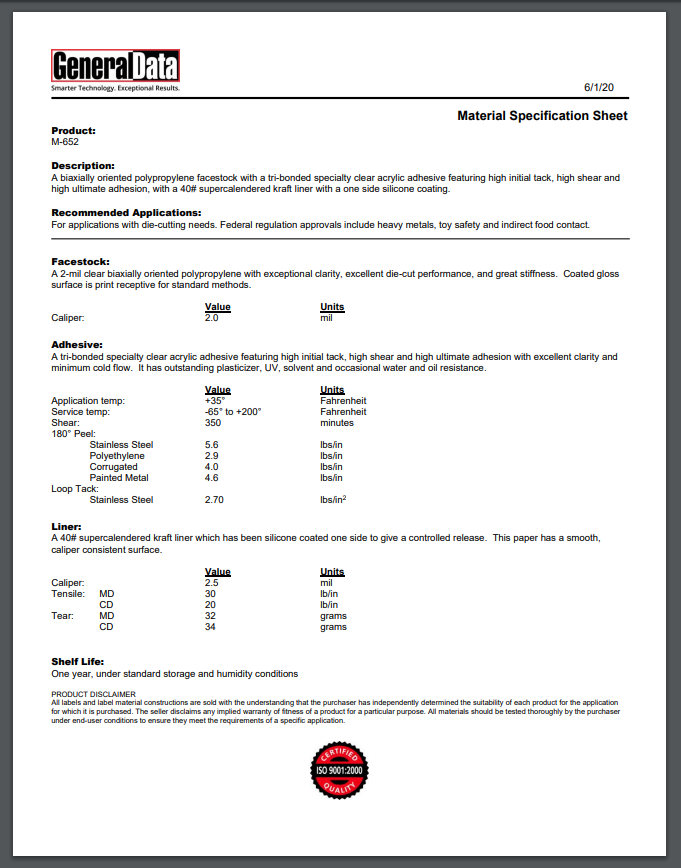 M-652 Material Spec Sheet | General Data