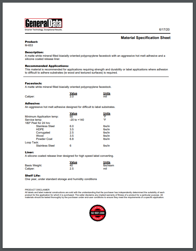 M-653 Specification Sheet | General Data