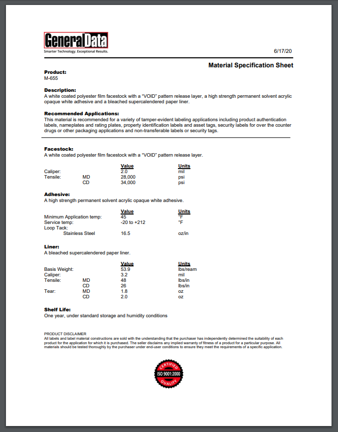M-655 Specification Sheet | General Data
