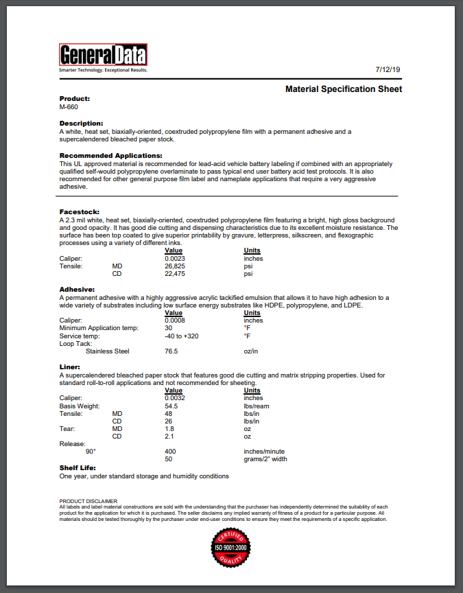 M-660 Specification Sheet | General Data