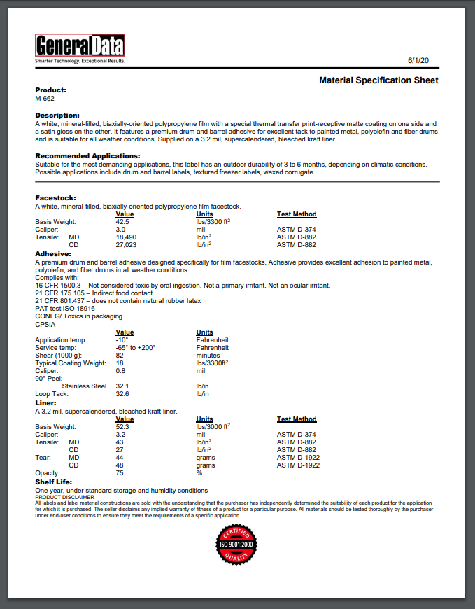M-662 Specification Sheet | General Data