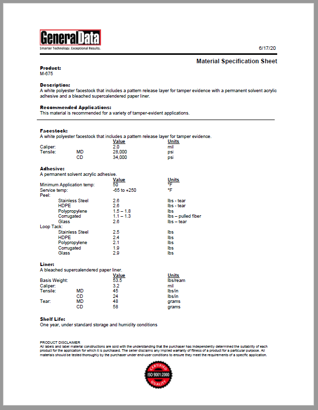 M-675 Material Specification Sheet | General Data