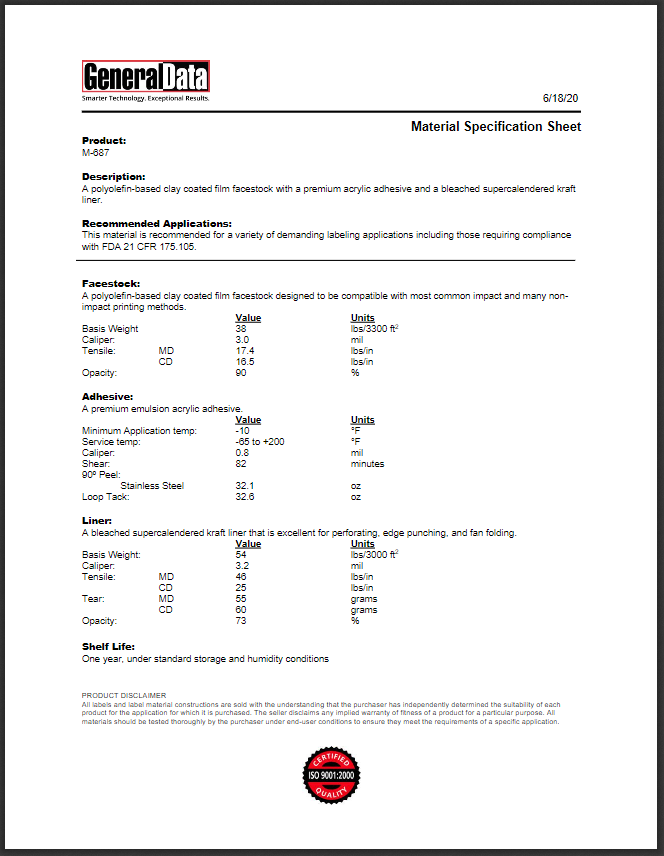 M-687 Specification Sheet | General Data