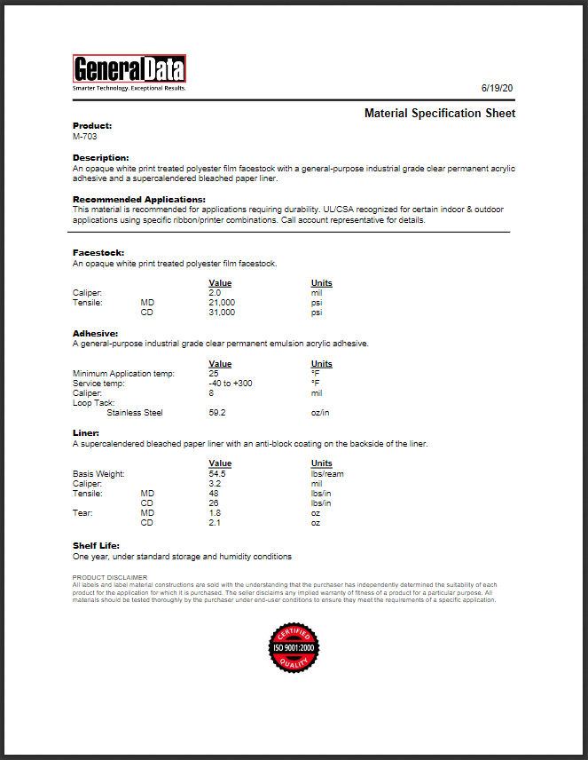 M-703 Specification Sheet | General Data