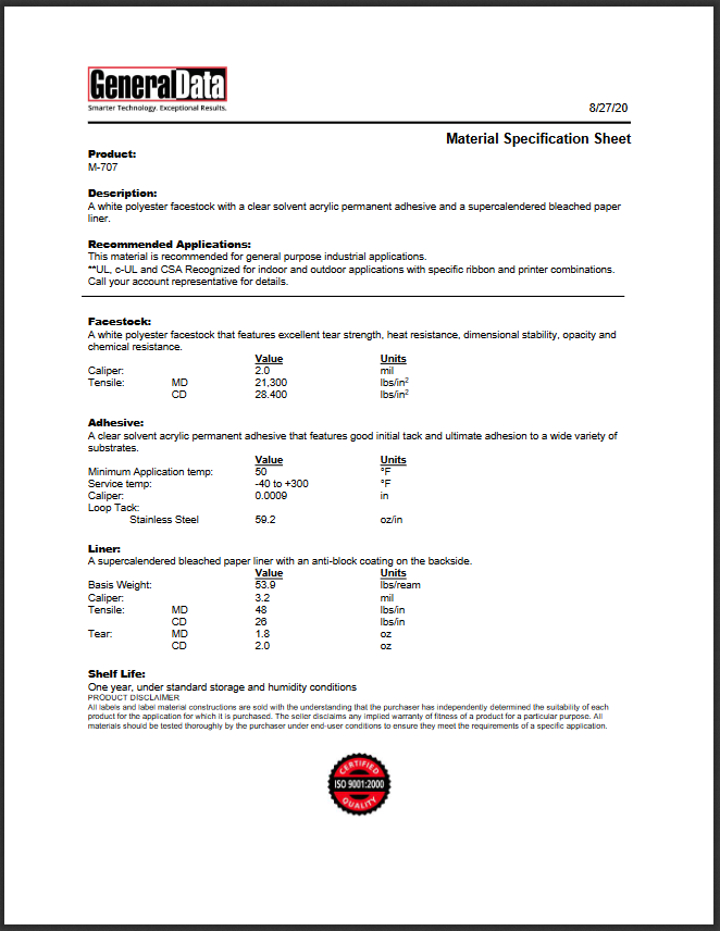 M-707 Specification Sheet | General Data
