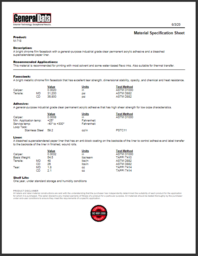 M-718 Specification Sheet | General Data