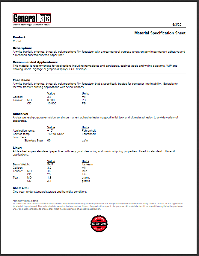M-732 Material Spec Sheet | General Data