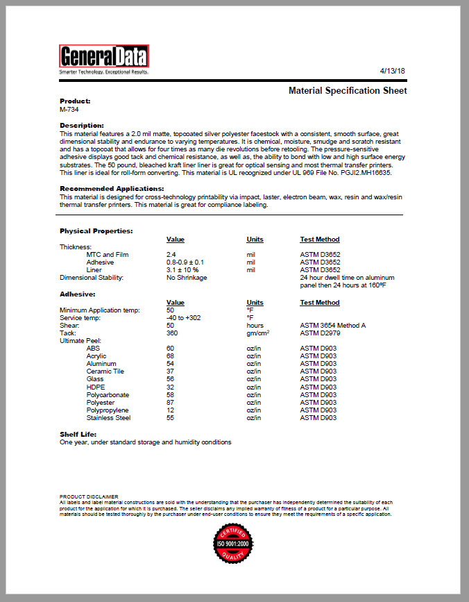 M-734 Material Specification Sheet | General Data