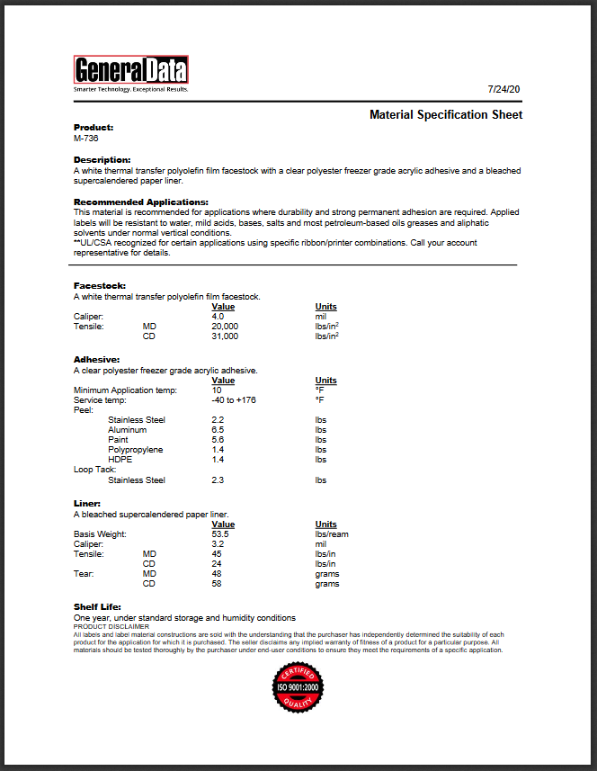 M-736 Specification Sheet | General Data