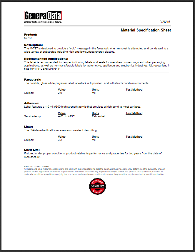M-737 Material Spec Sheet | General Data