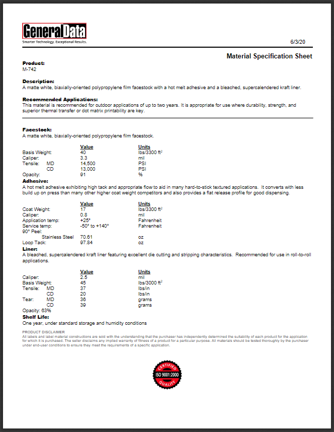 M-742 Material Spec Sheet | General Data