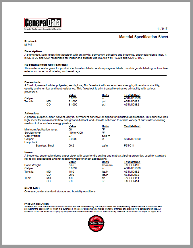 M-747 Material Specification Sheet | General Data