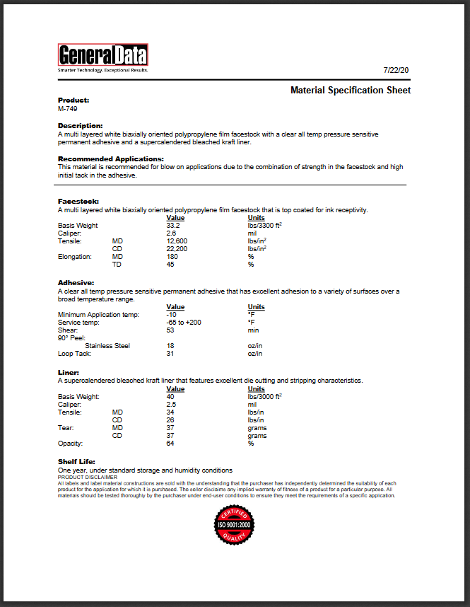 M-749 Specification Sheet | General Data