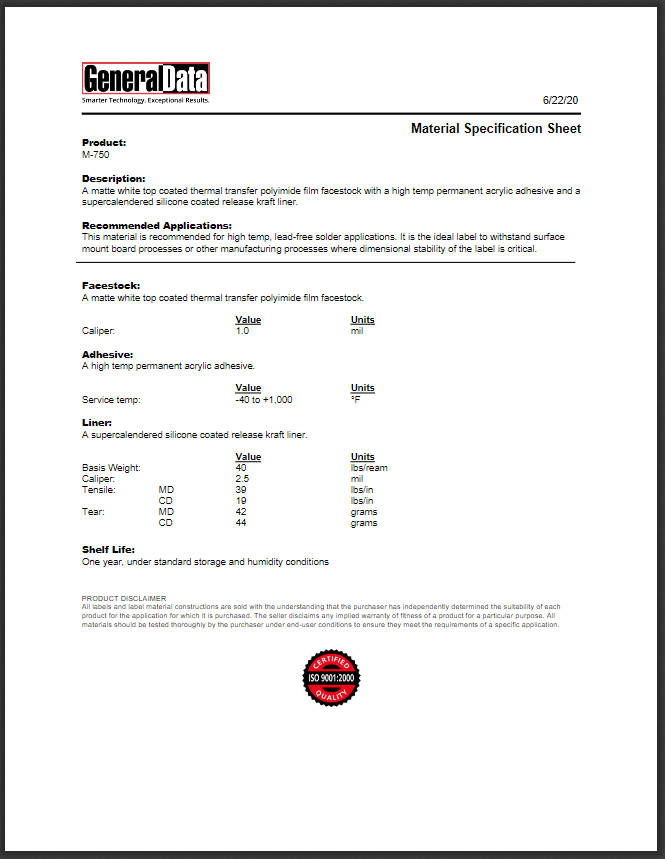 M-750 Specification Sheet | General Data