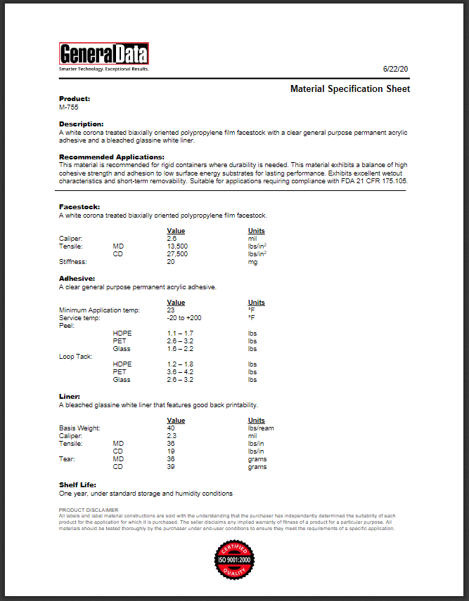 M-755 Specification Sheet | General Data