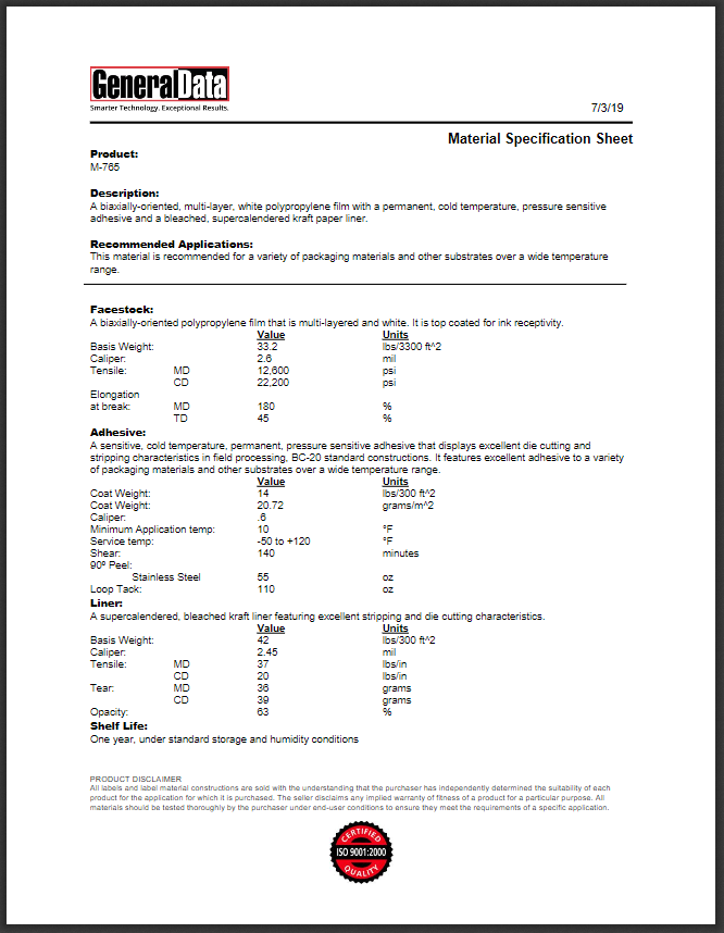 M-765 Material Spec Sheet