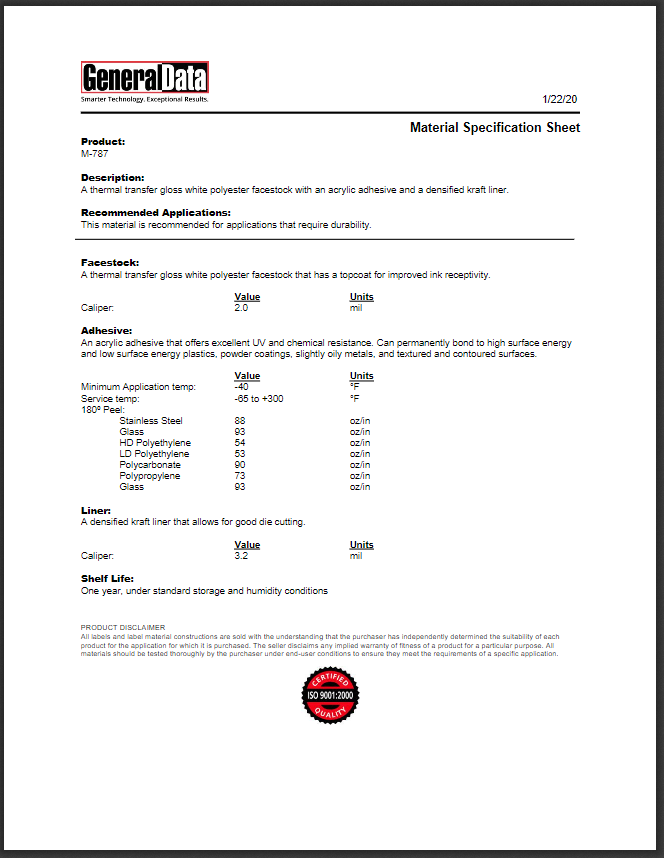 M-787 Specification Sheet | General Data
