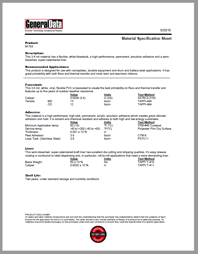M-793 Material Specification Sheet | General Data