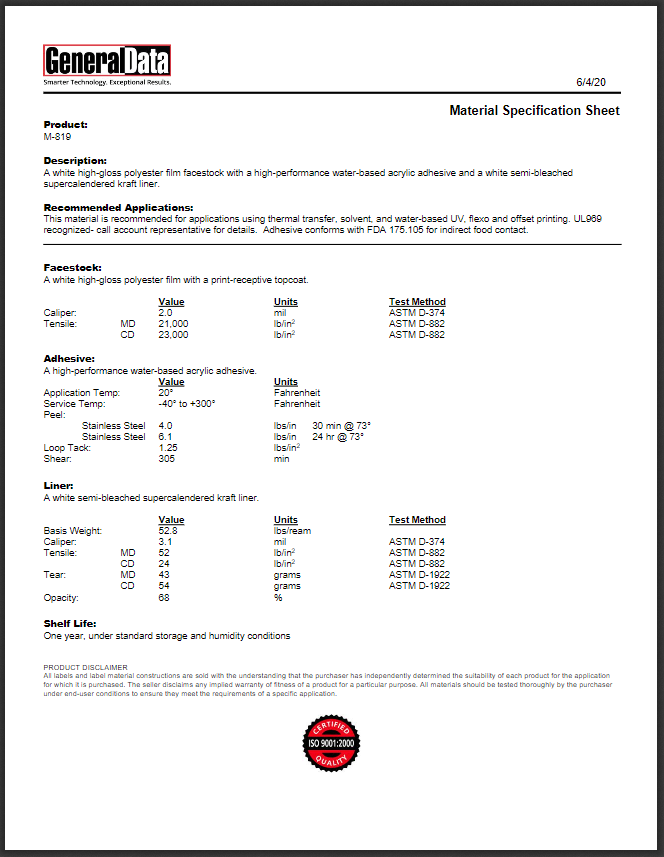 M-819 Specification Sheet | General Data