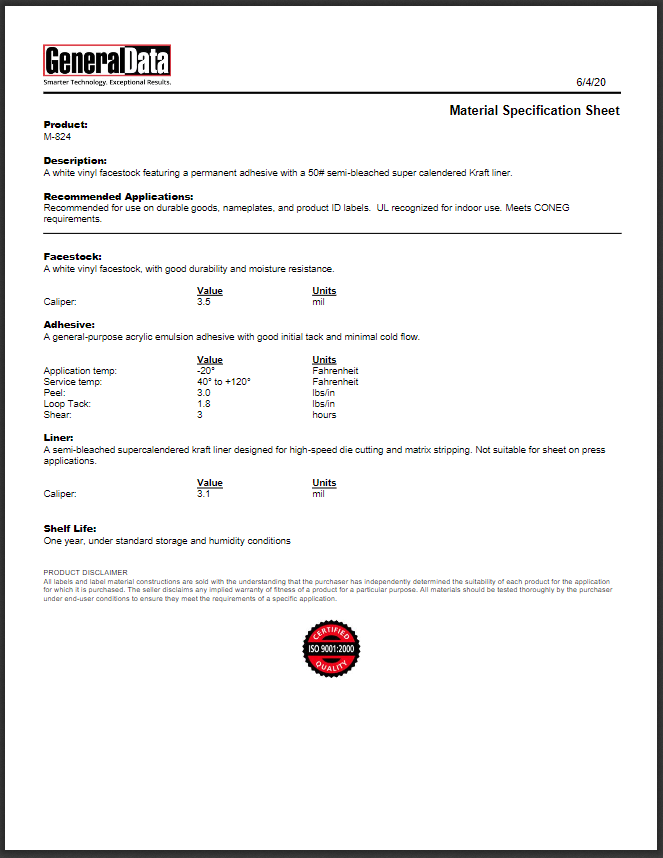 M-824 Specification Sheet | General Data