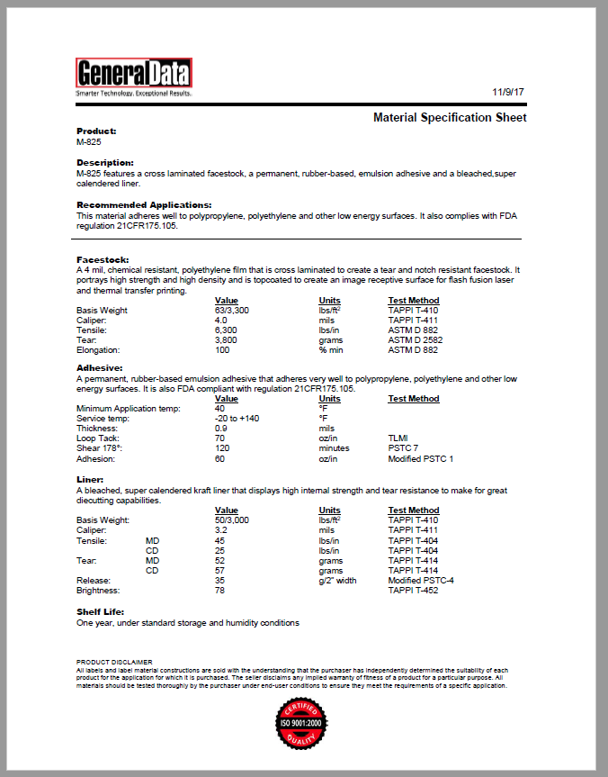 M-825 Material Specification Sheet | General Data