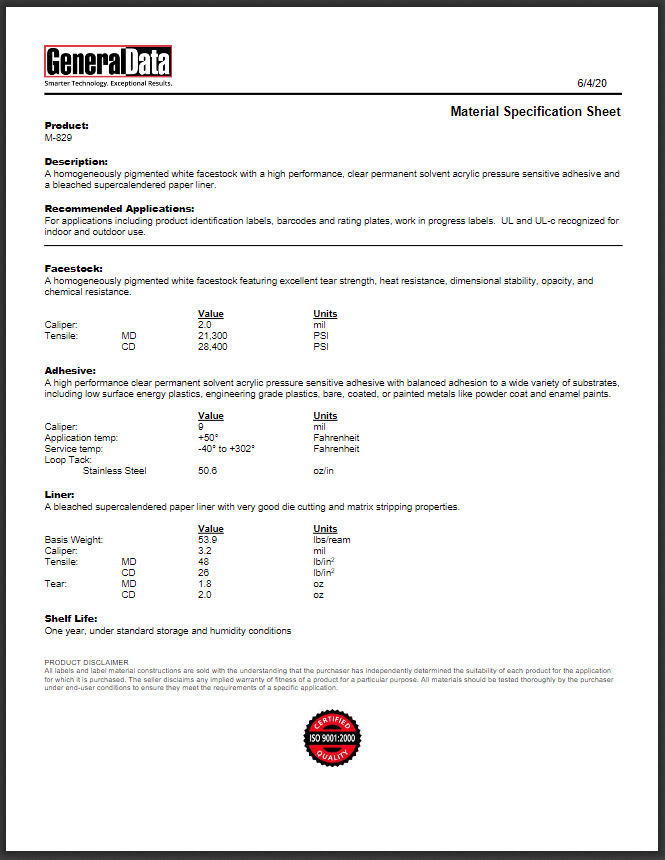 M-829 Material Spec Sheet | General Data