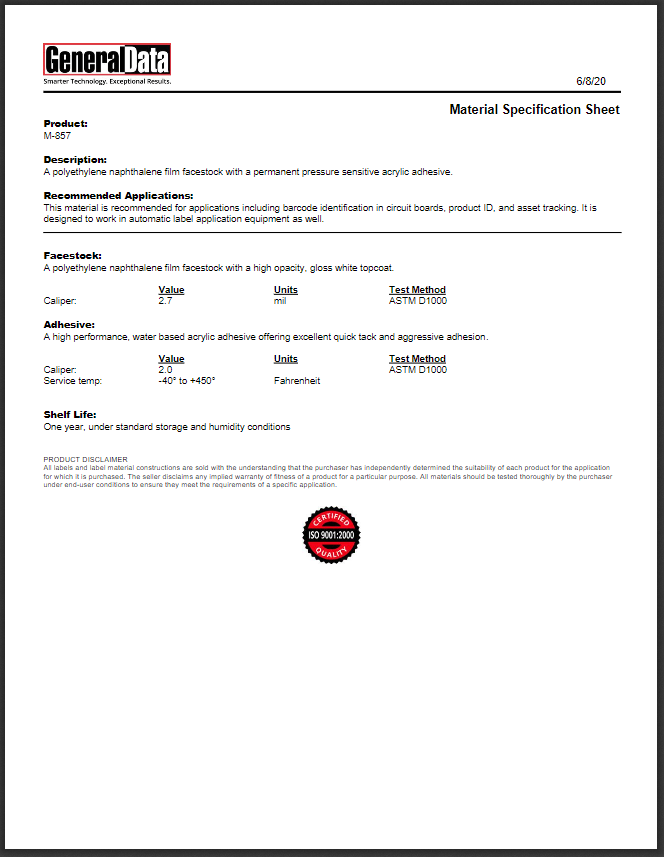 M-857 Material Spec Sheet | General Data