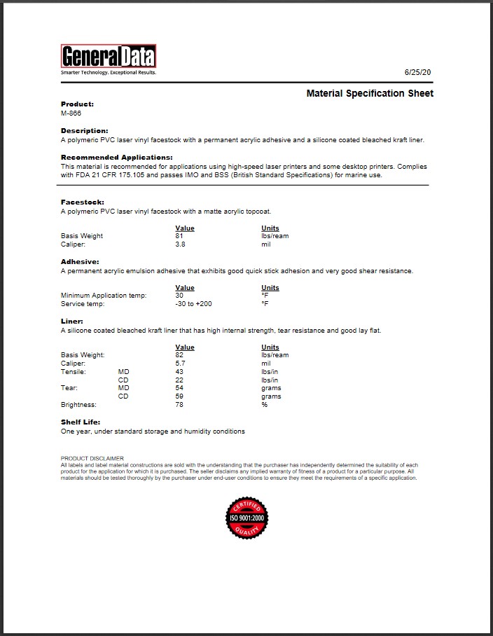 M-866 Specification Sheet | General Data