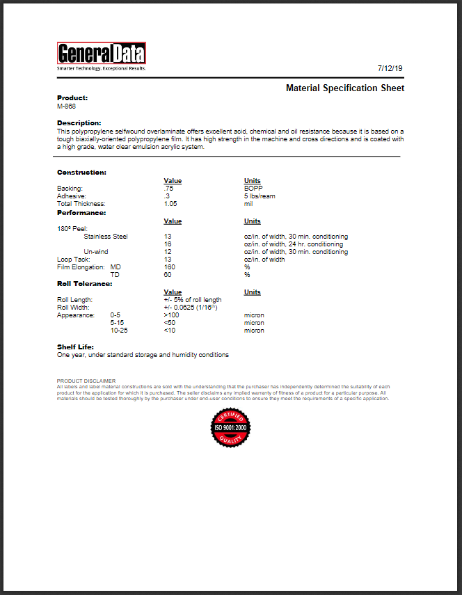 M-868 Material Spec Sheet