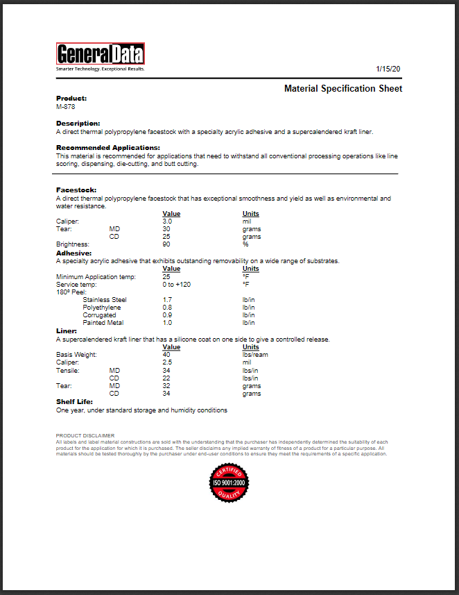 M-878 Material Spec Sheet