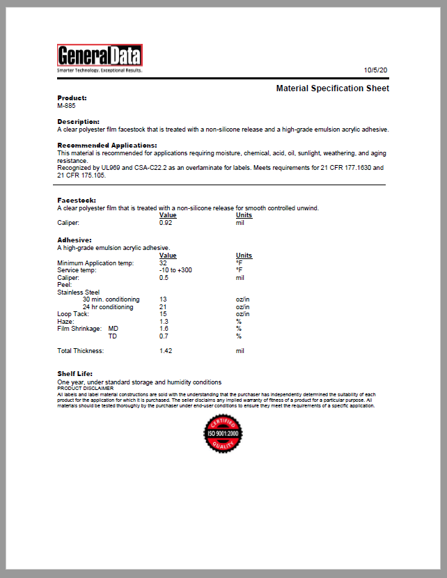 M-885 Material Specification Sheet | General Data