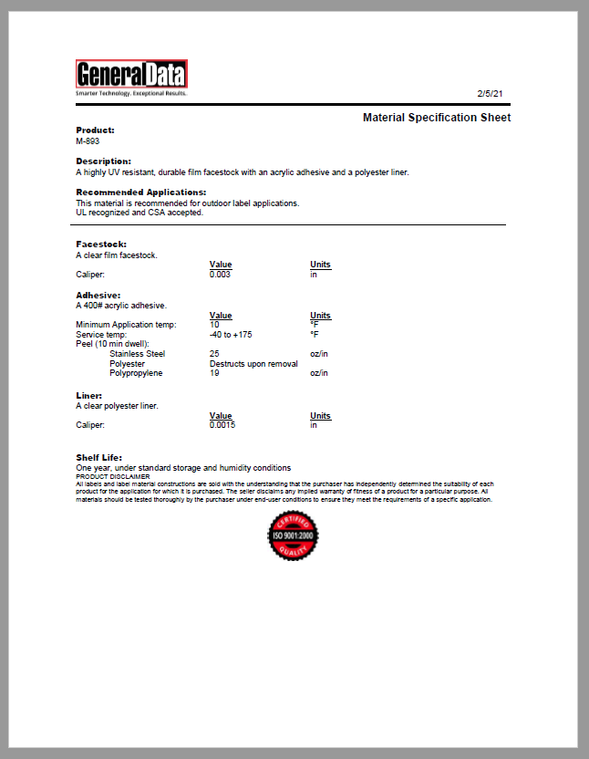 M-893 Material Specification Sheet | General Data