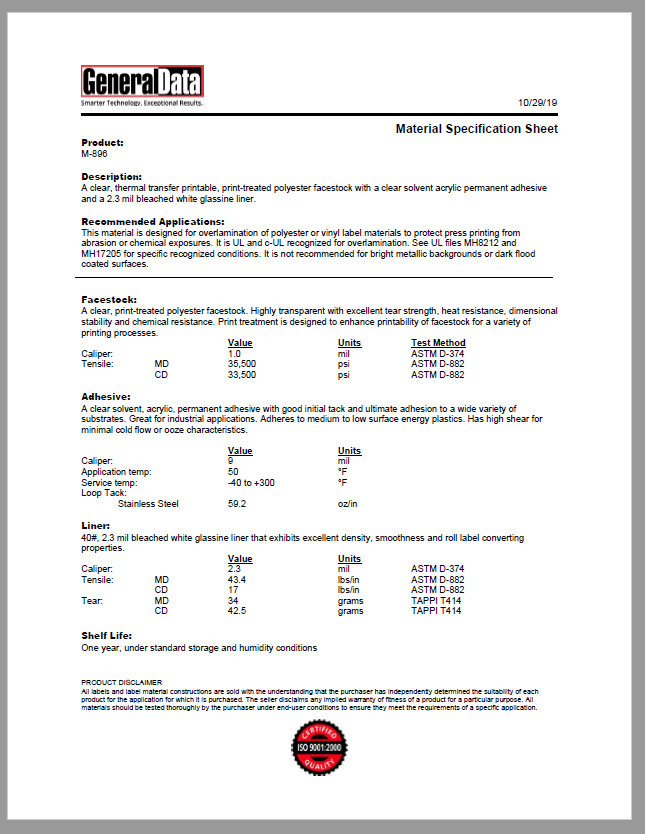 M-896 Material Specification Sheet | General Data