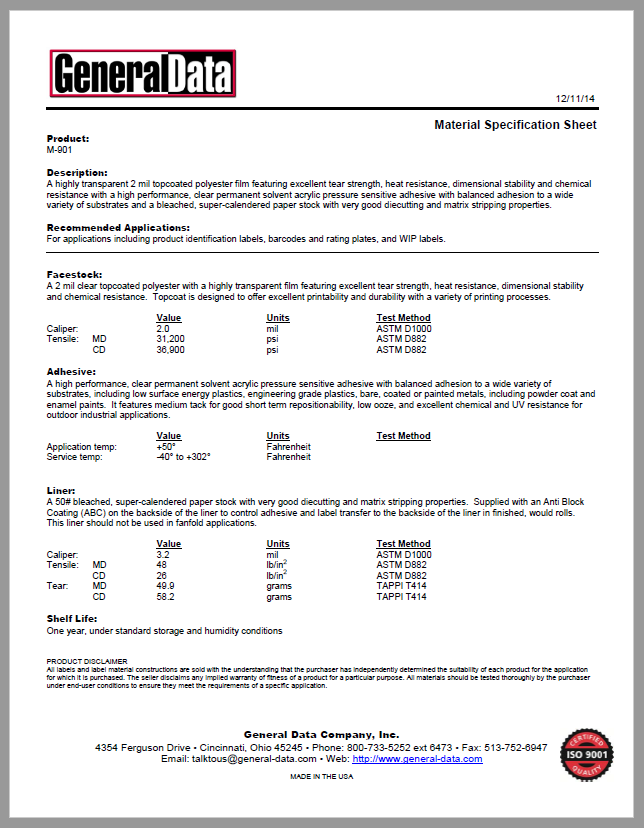 M-901 Material Specification Sheet | General Data