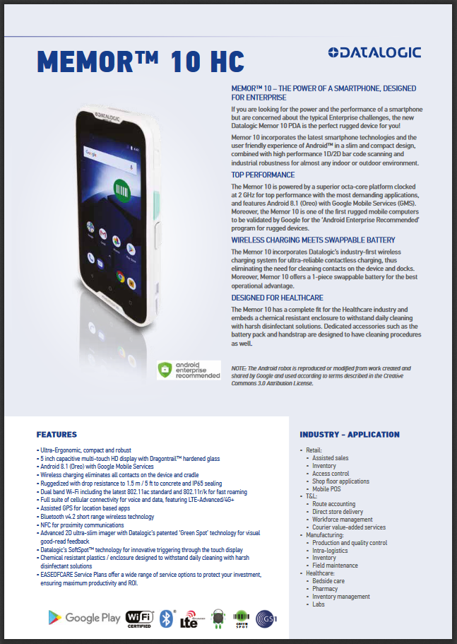 Datalogic Memor 10 HC Mobile Device Product Brochure | General Data ...