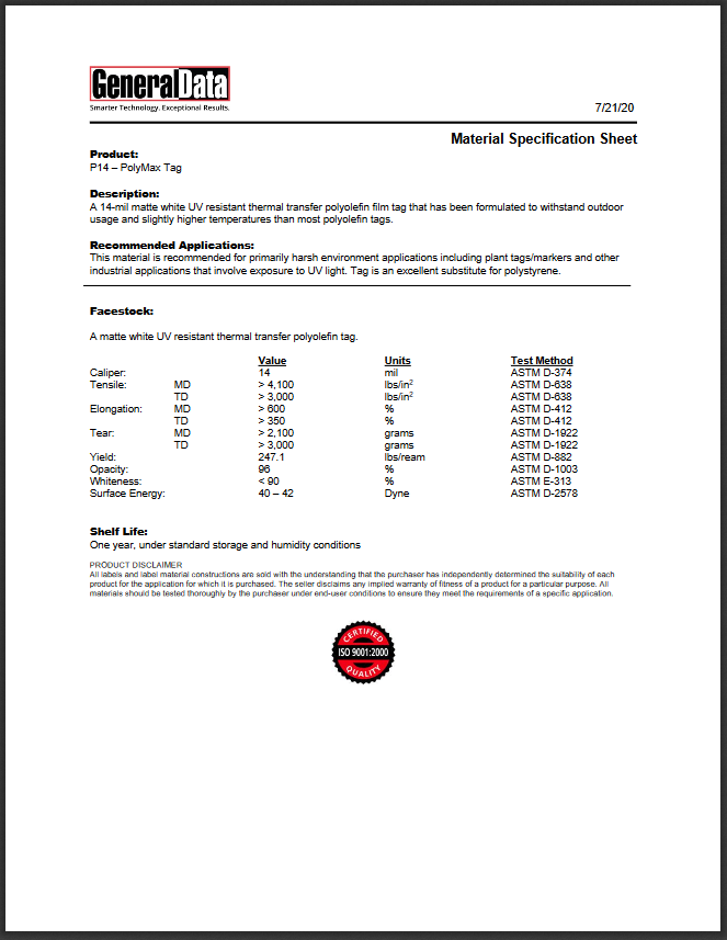 P14 Specification Sheet | General Data