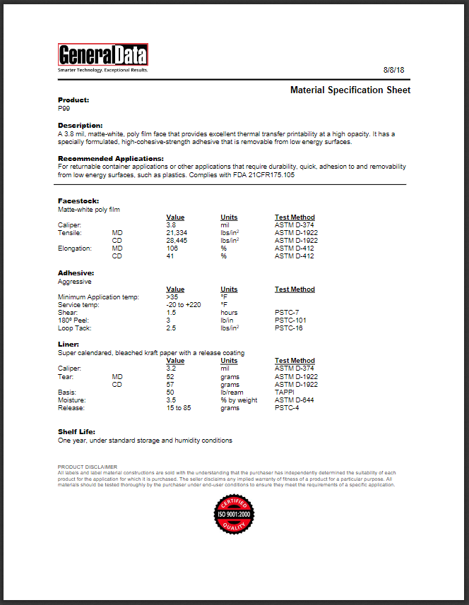 P99 Specification Sheet | General Data